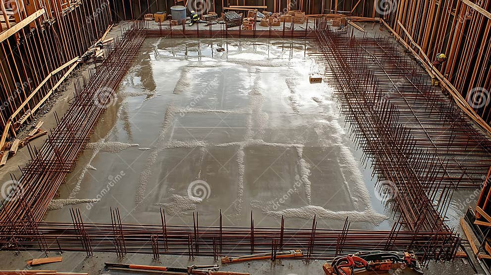 Construction Site Showing Freshly Poured Concrete Foundation with Rebar ...
