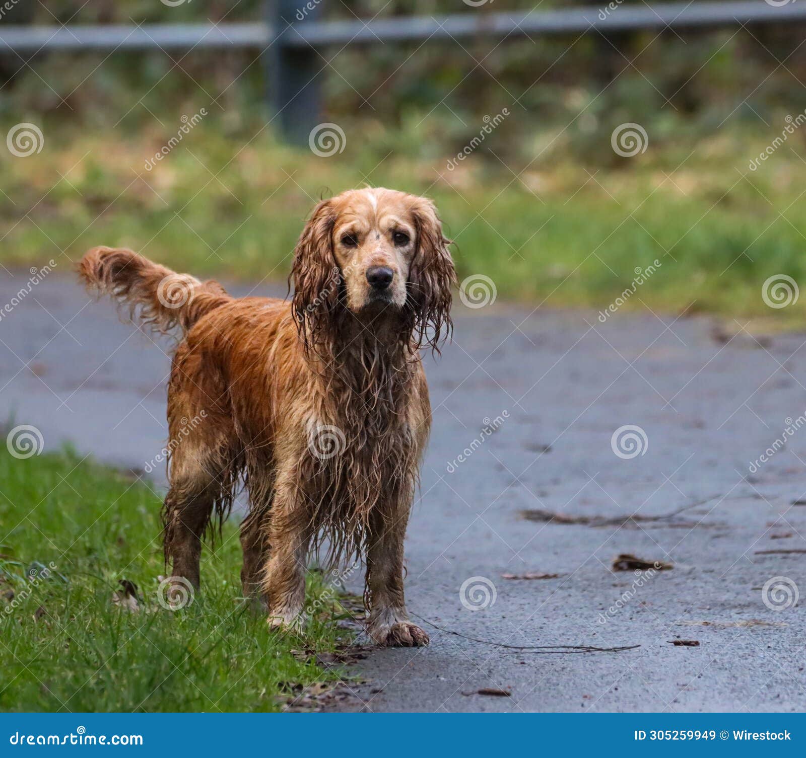 Wet Cute Spaniel Dog Standing Under the Rain Stock Image - Image of ...