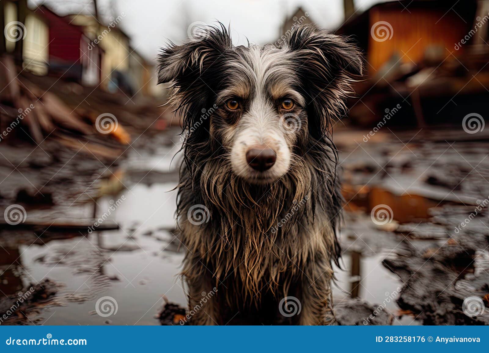 A Wet Dog Standing in a Puddle of Water. Generative AI Image. Stock ...