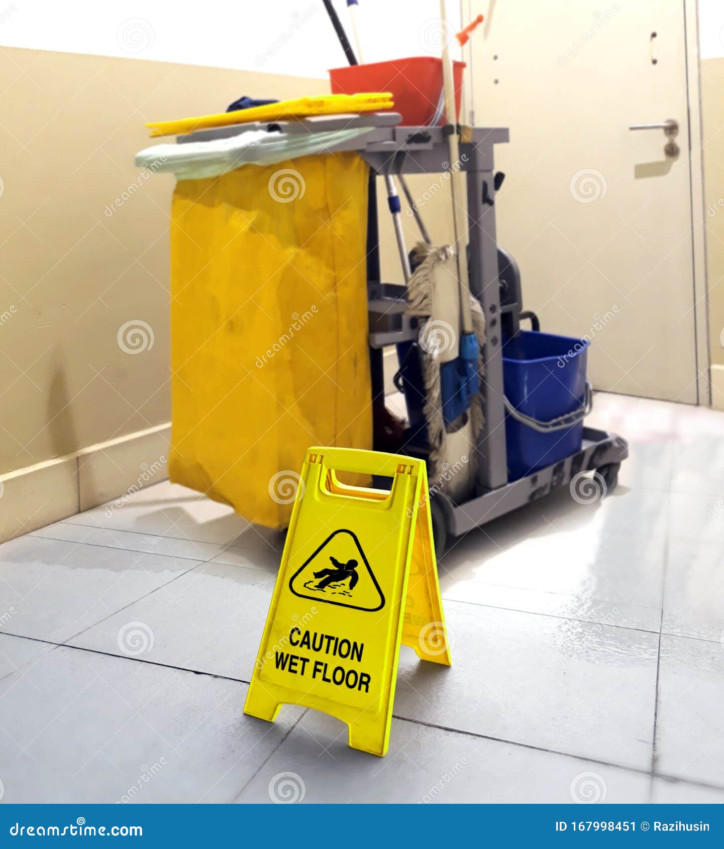 Wet Floor Signage with Cleaning Tools Stock Image - Image of careful ...