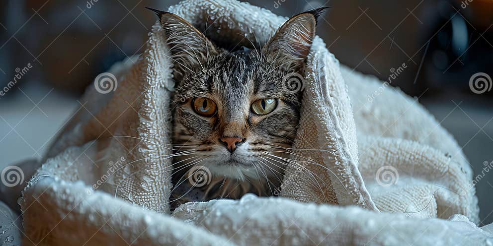 A Wet Gray Tabby Cat Wrapped in a White Towel Looking Grumpy after a ...