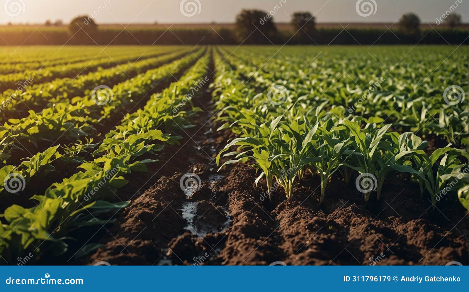Wet Soil and Water between Low Rows of Green Young Corn in Rural Field ...