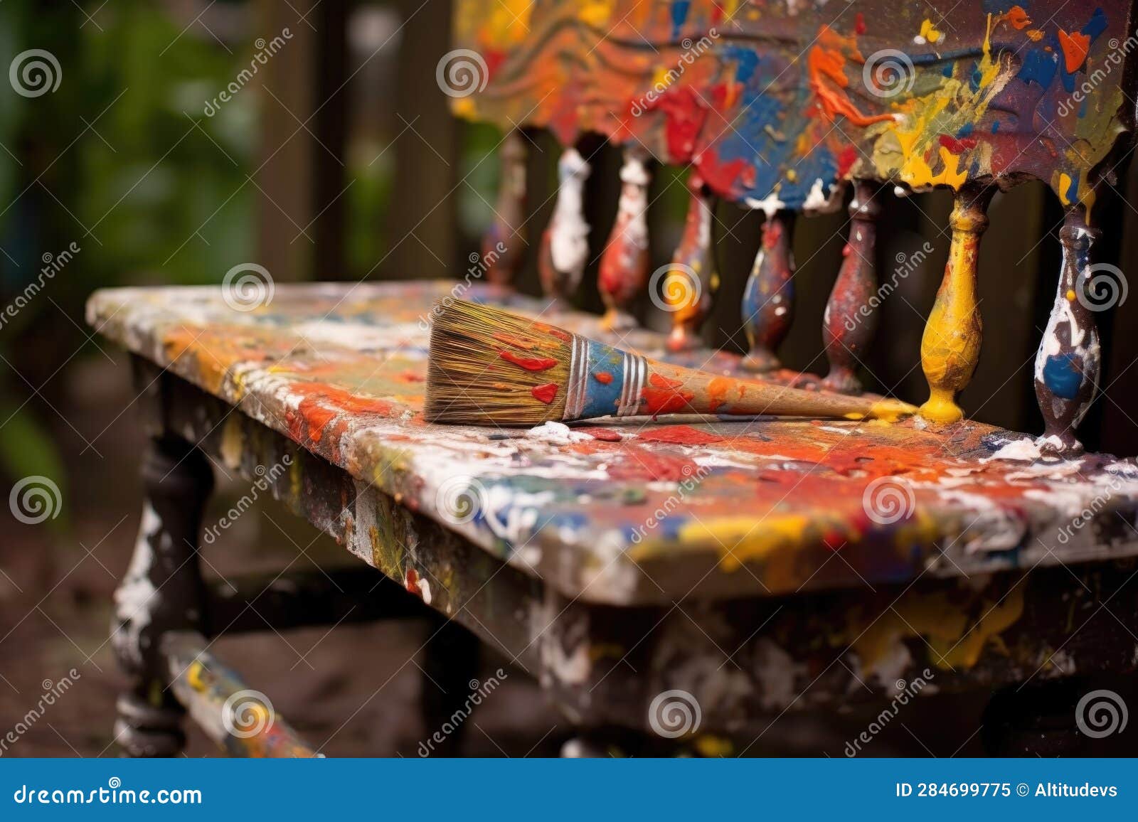 Wet Paint Brush Resting on Newly Painted Bench Stock Image - Image of ...