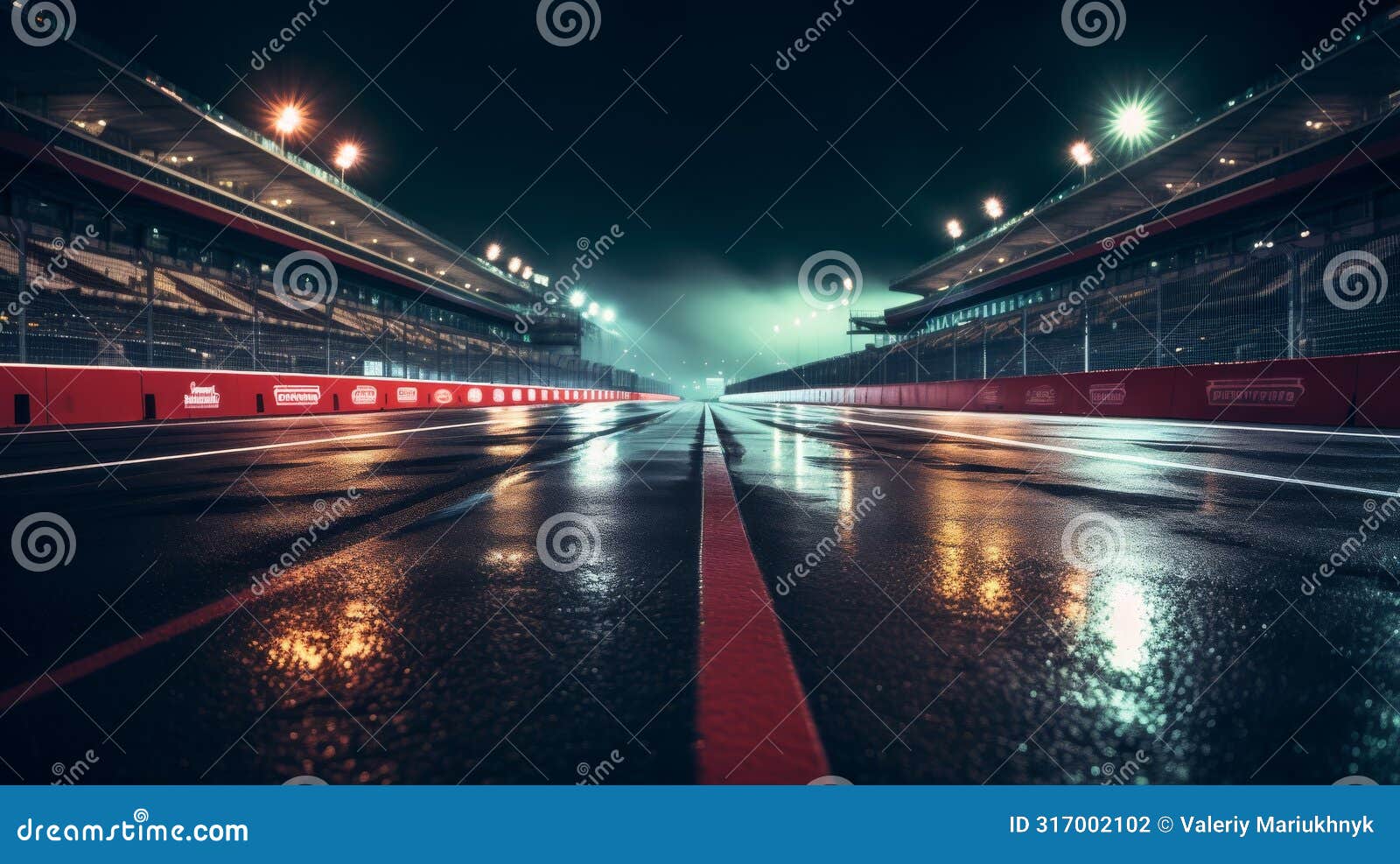 Wet Racing Track at Night with Bright Lights Reflecting on Surface ...