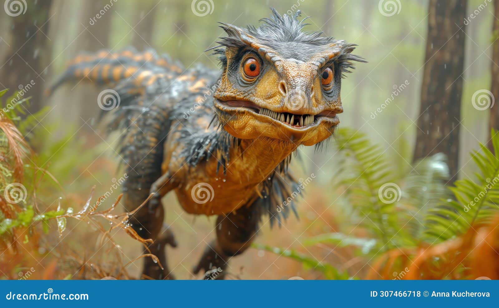 Wet Raptor Running through Rainy Prehistoric Forest Stock Illustration ...