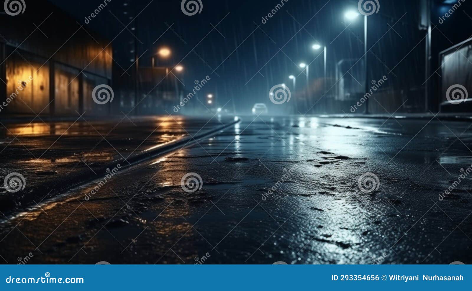 Wet Road Asphalt Reflections, Neon Blue Light. Generative AI Stock ...