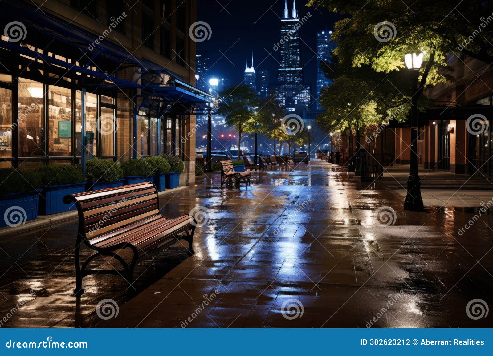 A wet sidewalk at night stock illustration. Illustration of street ...