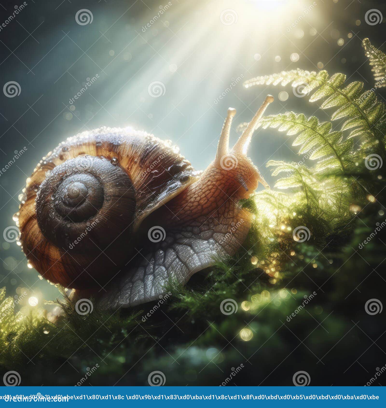 Wet Snail with Coiled Shell while Navigating the Forest Moss and ...