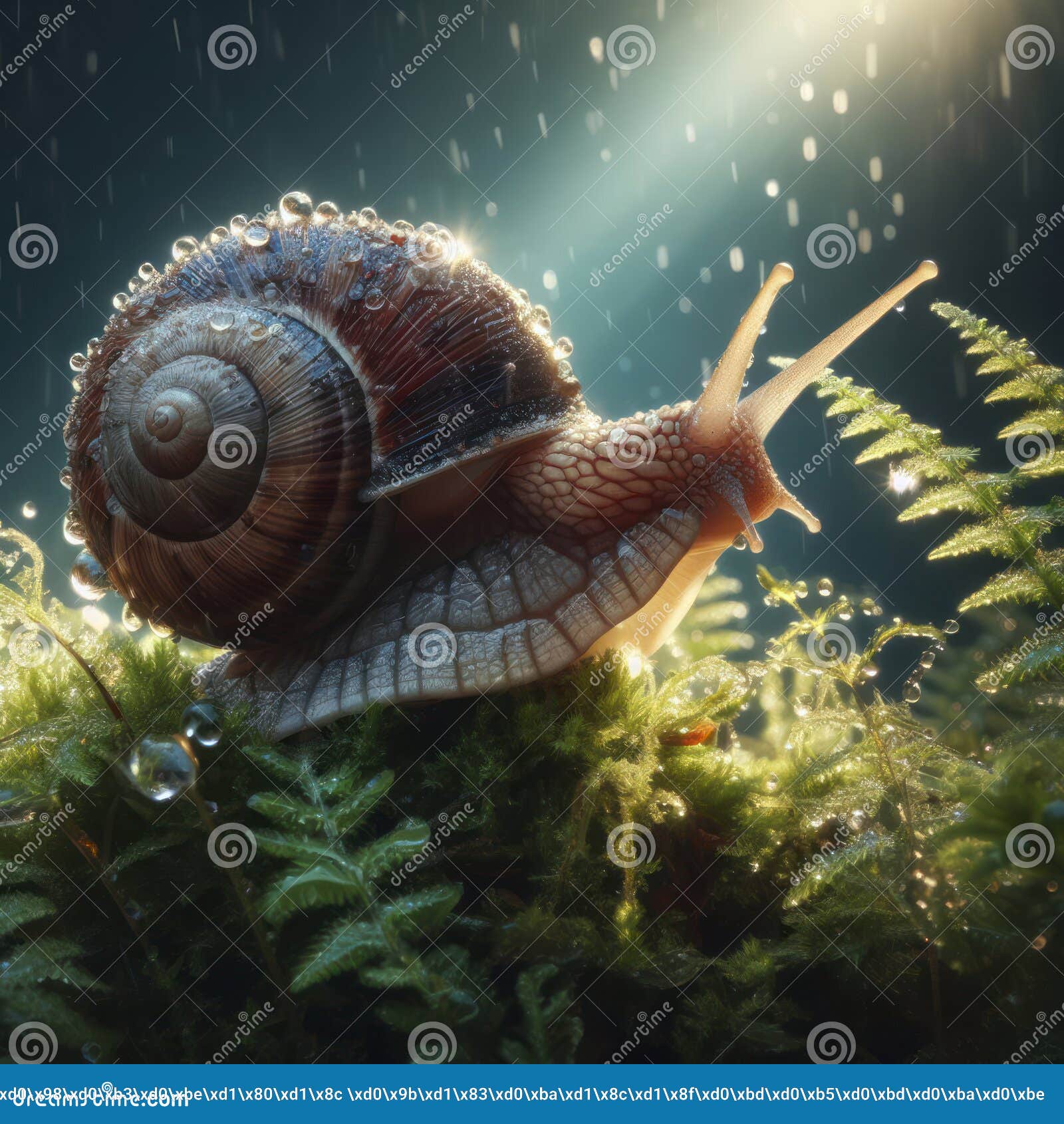 Wet Snail with Coiled Shell while Navigating the Forest Moss and ...