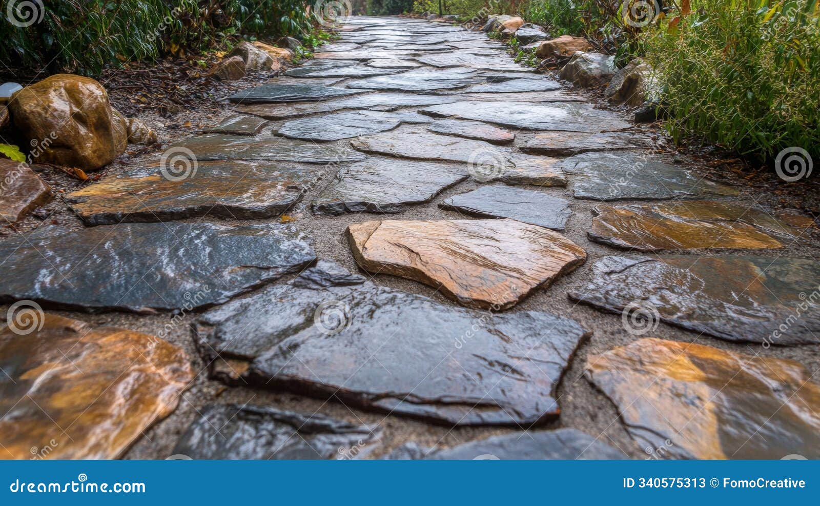 Wet Stone Path through Lush Greenery Stock Illustration - Illustration ...