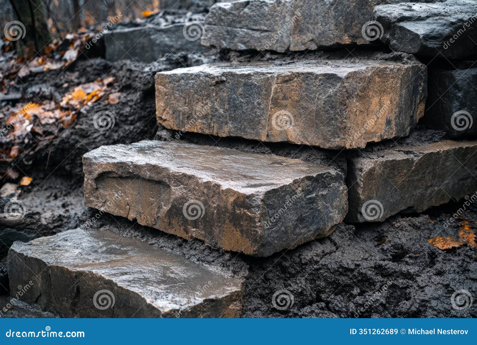 Wet Stone Steps Ascend through a Muddy Environment, Providing a Rustic ...