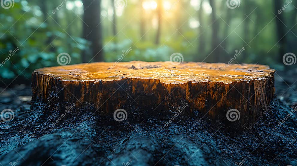 A Wet Tree Stump in a Forest with Sun Shining through the Trees Stock ...