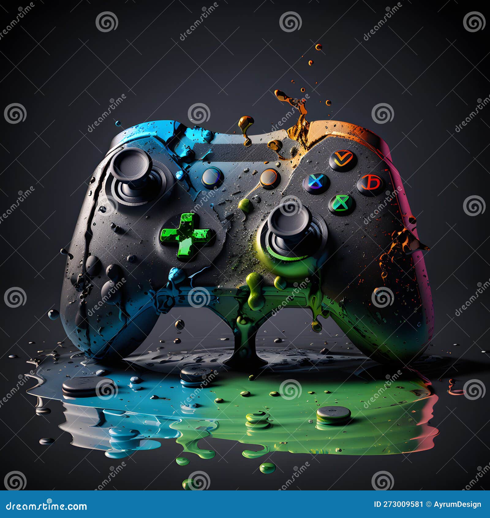 Wet Wireless Game Controller with Colorful Buttons and Liquid on Top of ...