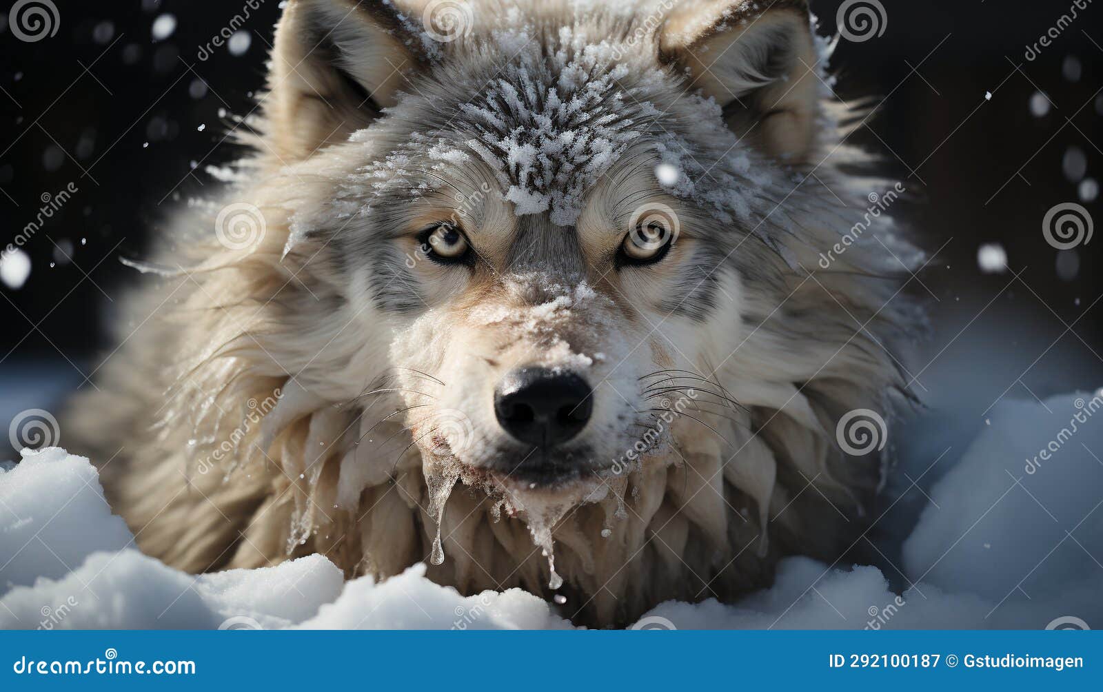 Wet Wolf in Snow, Cute and Pure, Looking at Camera Generated by AI ...