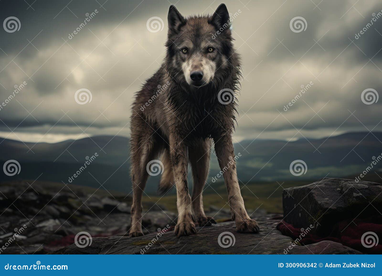 A Wet Wolf Standing on a Rock Stock Illustration - Illustration of ...