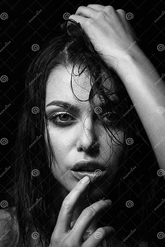 Wet Woman Portrait With Water Drops On The Face Black And White Stock