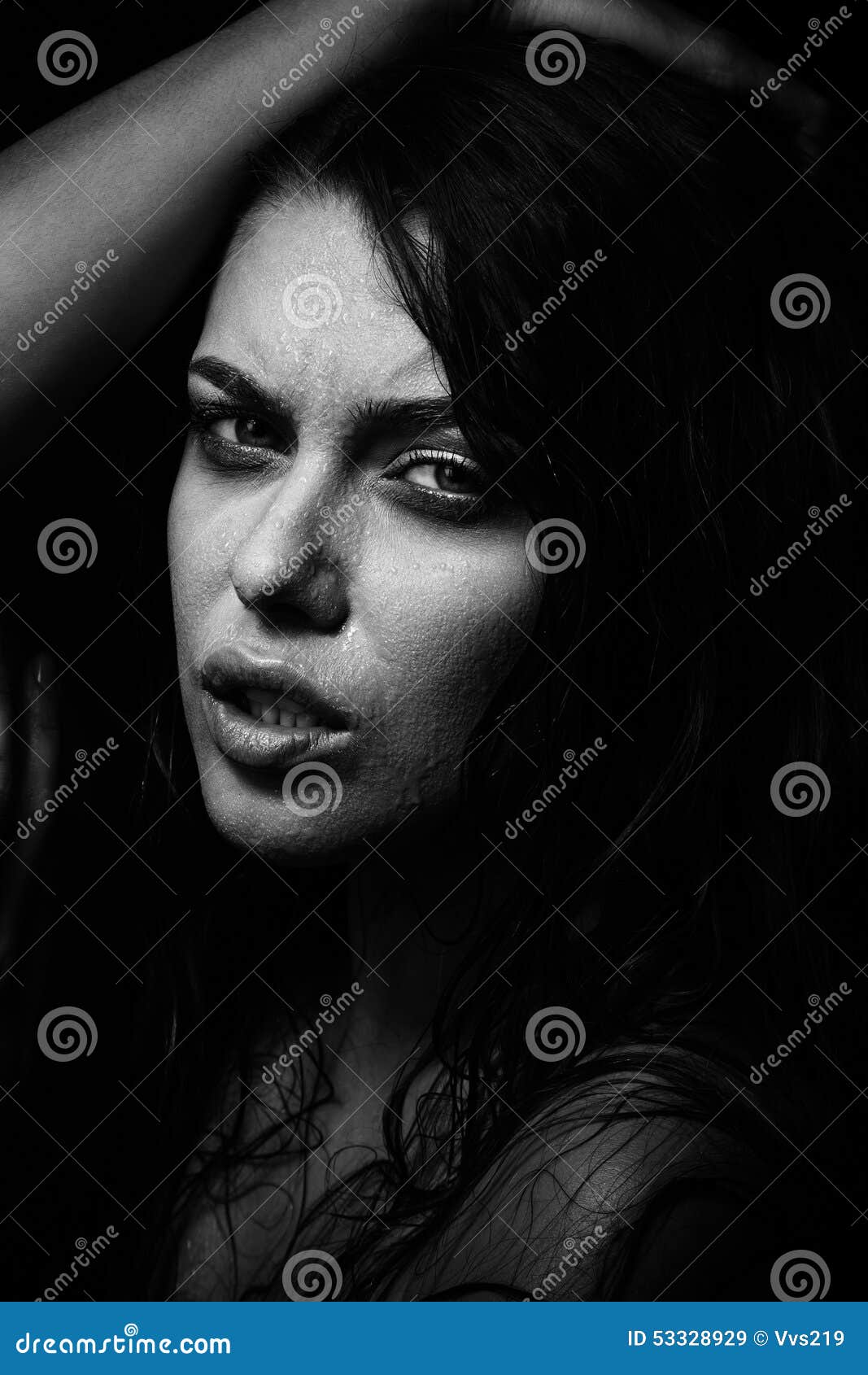 Wet Woman Portrait With Water Drops On The Face Black And White