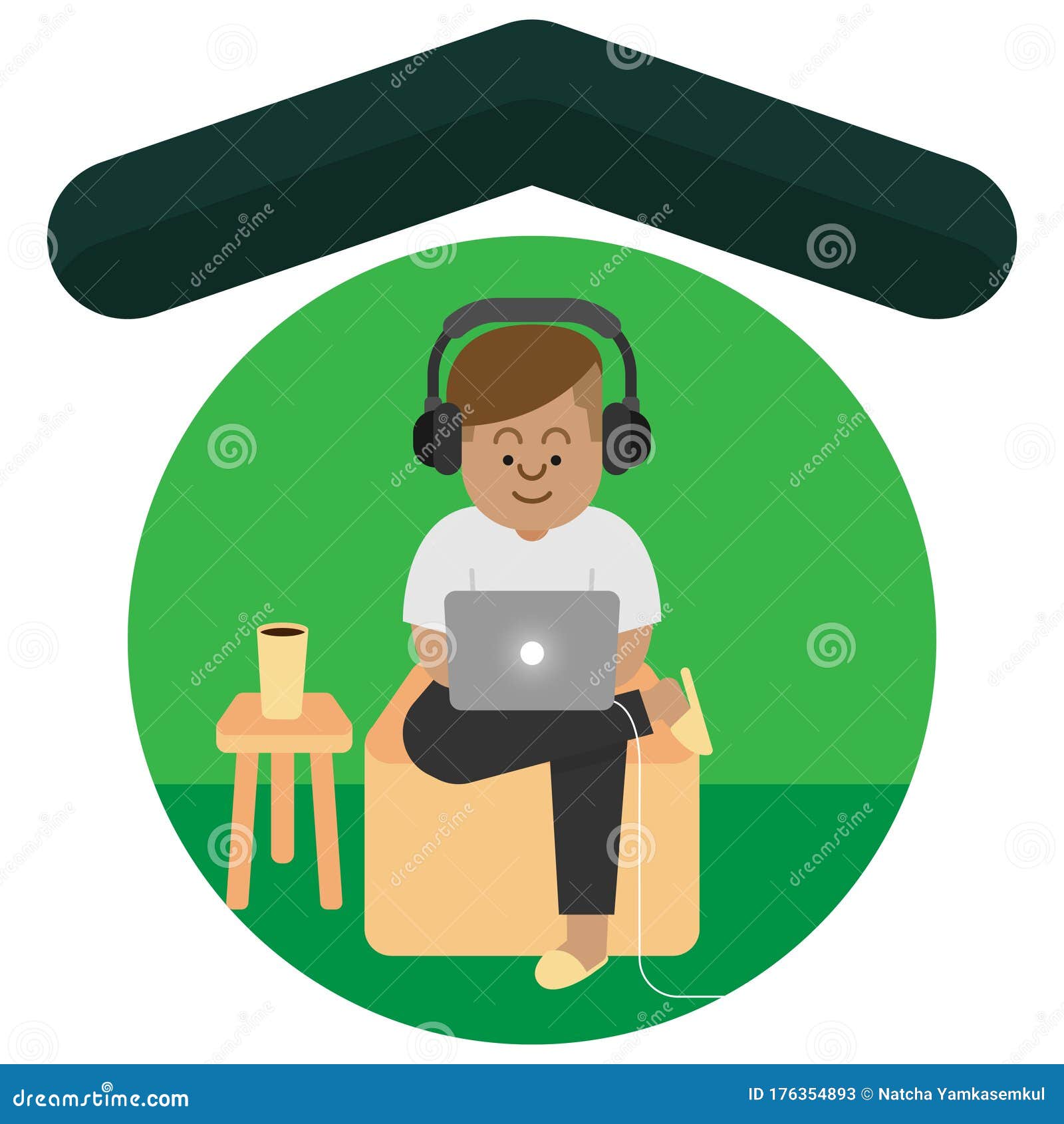 Flat Icon Work from Home. Work at Home. Listening Music and Working at ...