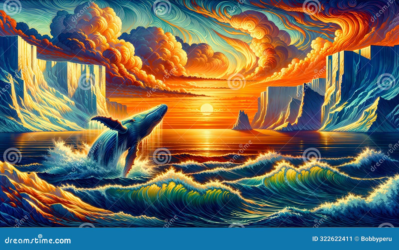 Whale Breaching At Colorful Sunset With Dramatic Clouds And Icebergs ...