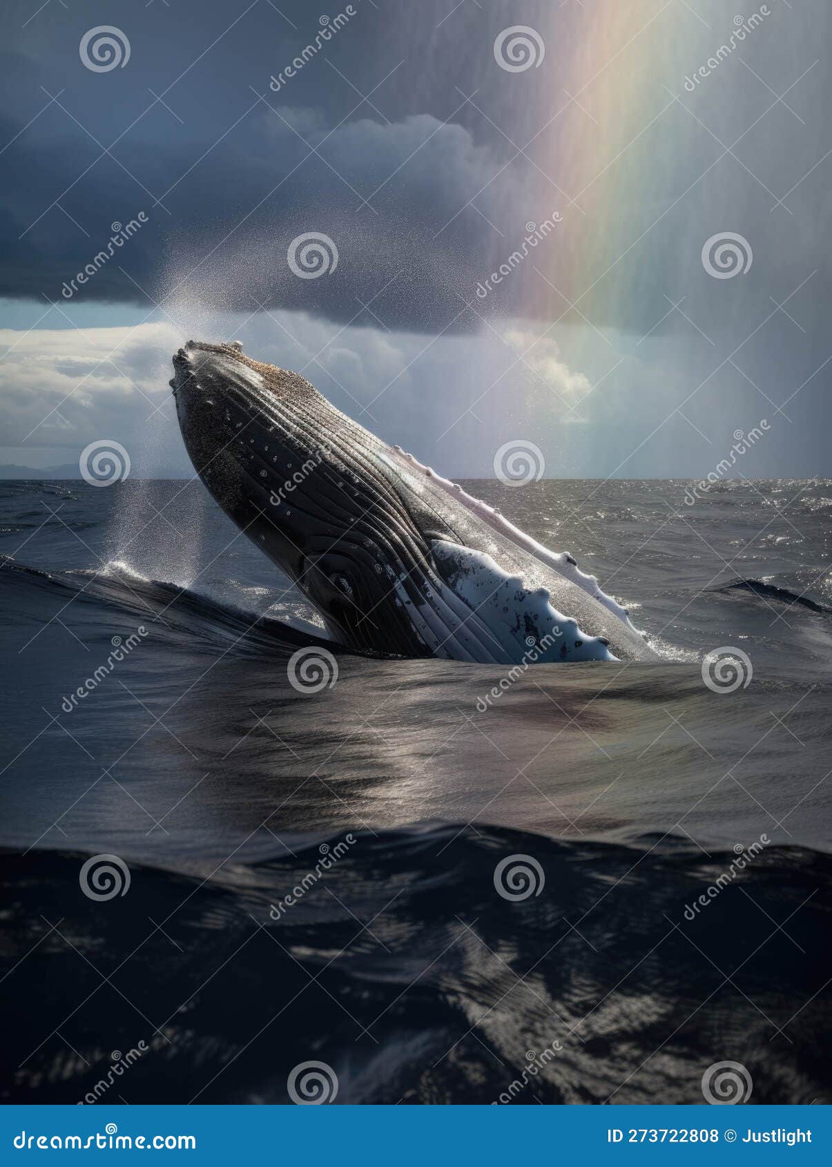A Whale Breaching the Deep Seas Surface a Rainbow of Light Reflecting ...