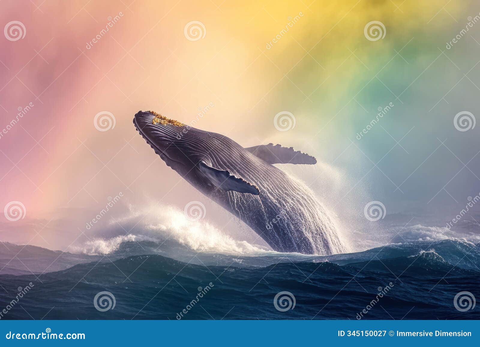 Whale Breaching with Rainbow Mist in the Open Ocean Stock Illustration ...