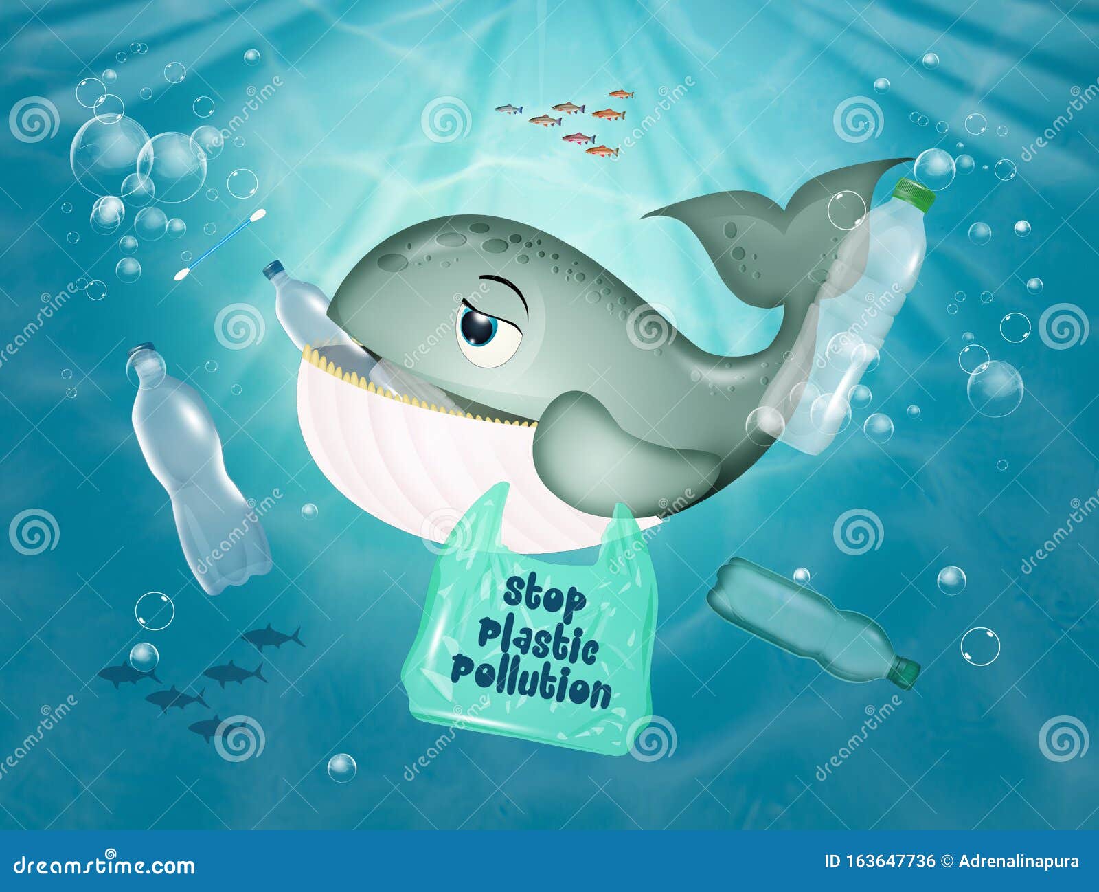 Whale in Danger because it Eats Plastic in the Sea Stock Illustration ...