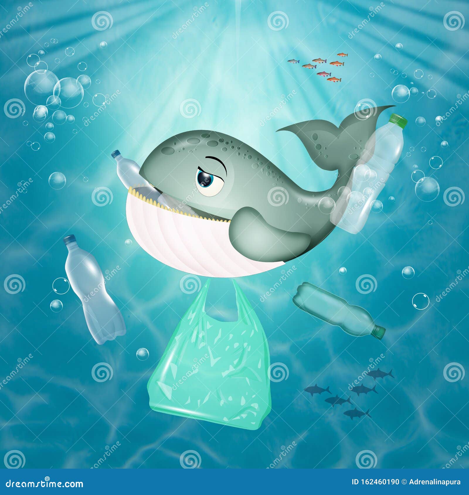 Whale Eats Plastic in the Sea Stock Illustration - Illustration of ...