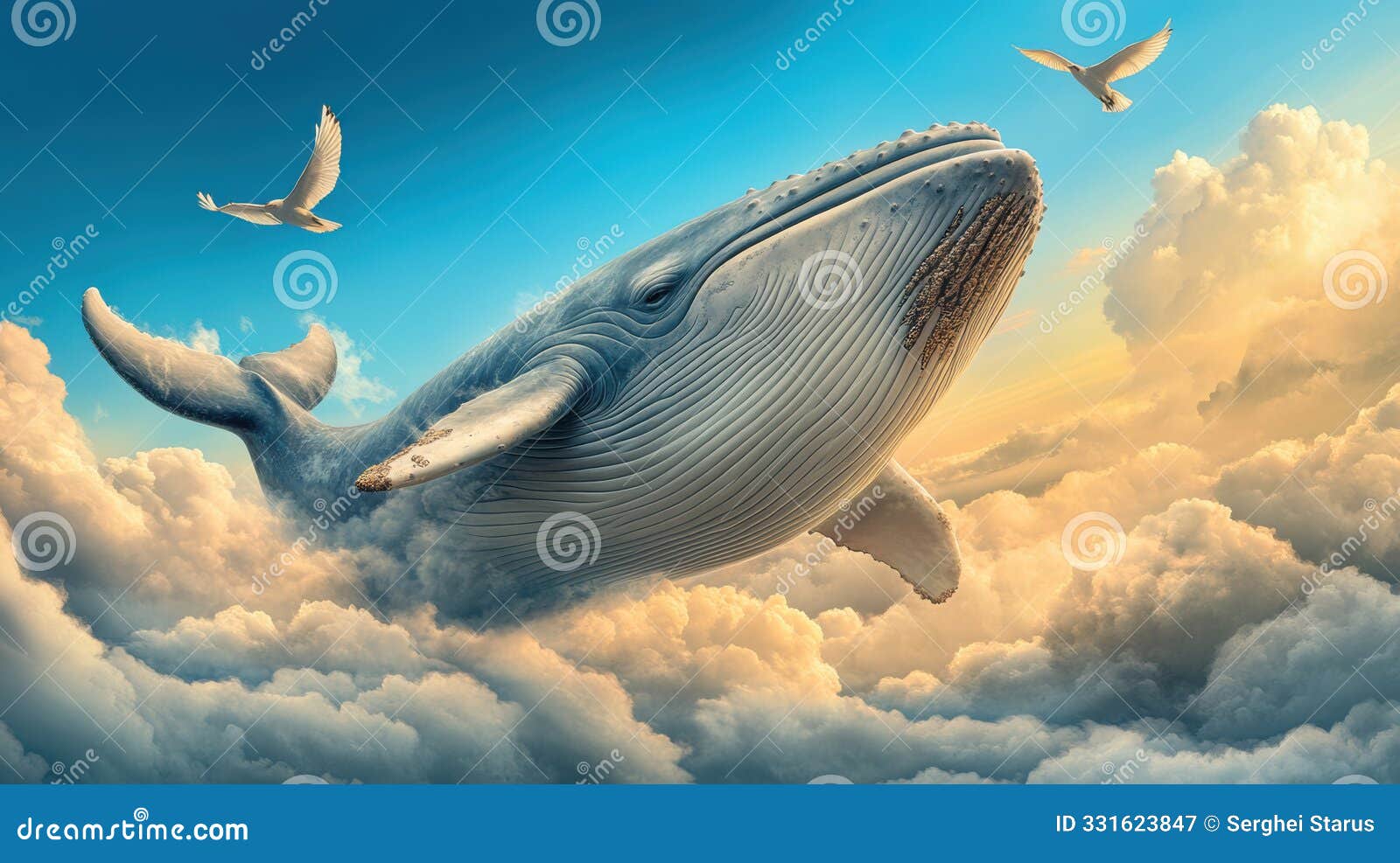 A Whale is Flying through the Clouds with Birds in Flight, AI Stock ...