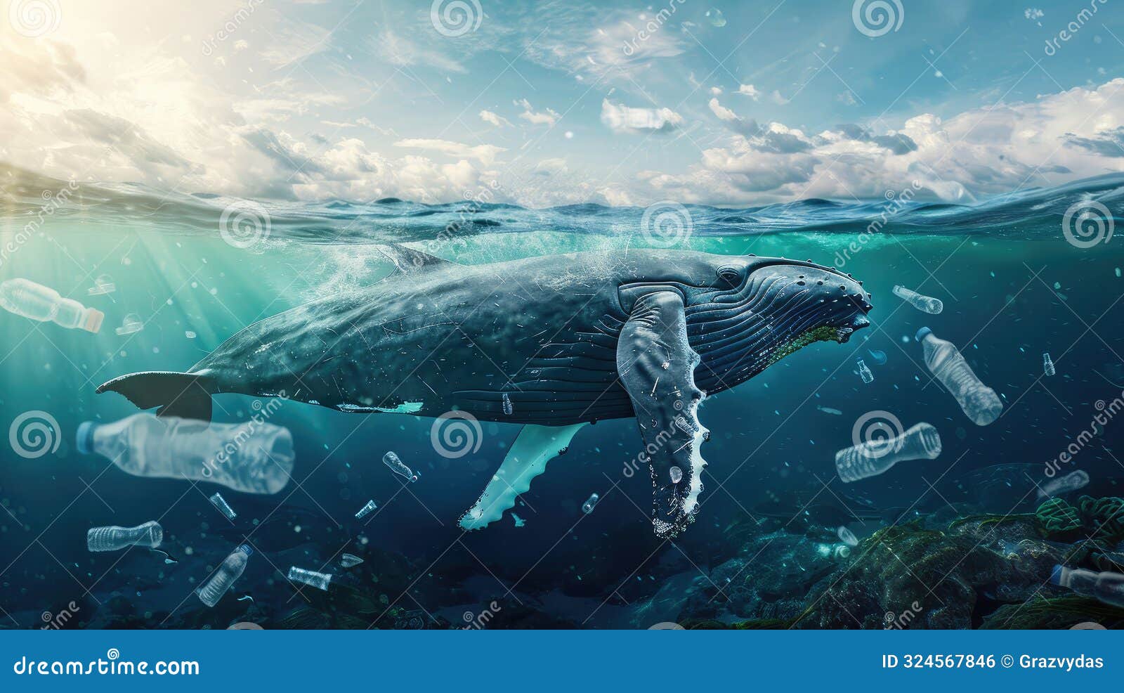 Whale in the Ocean with Plastic Bottles and Garbage Floating Around ...