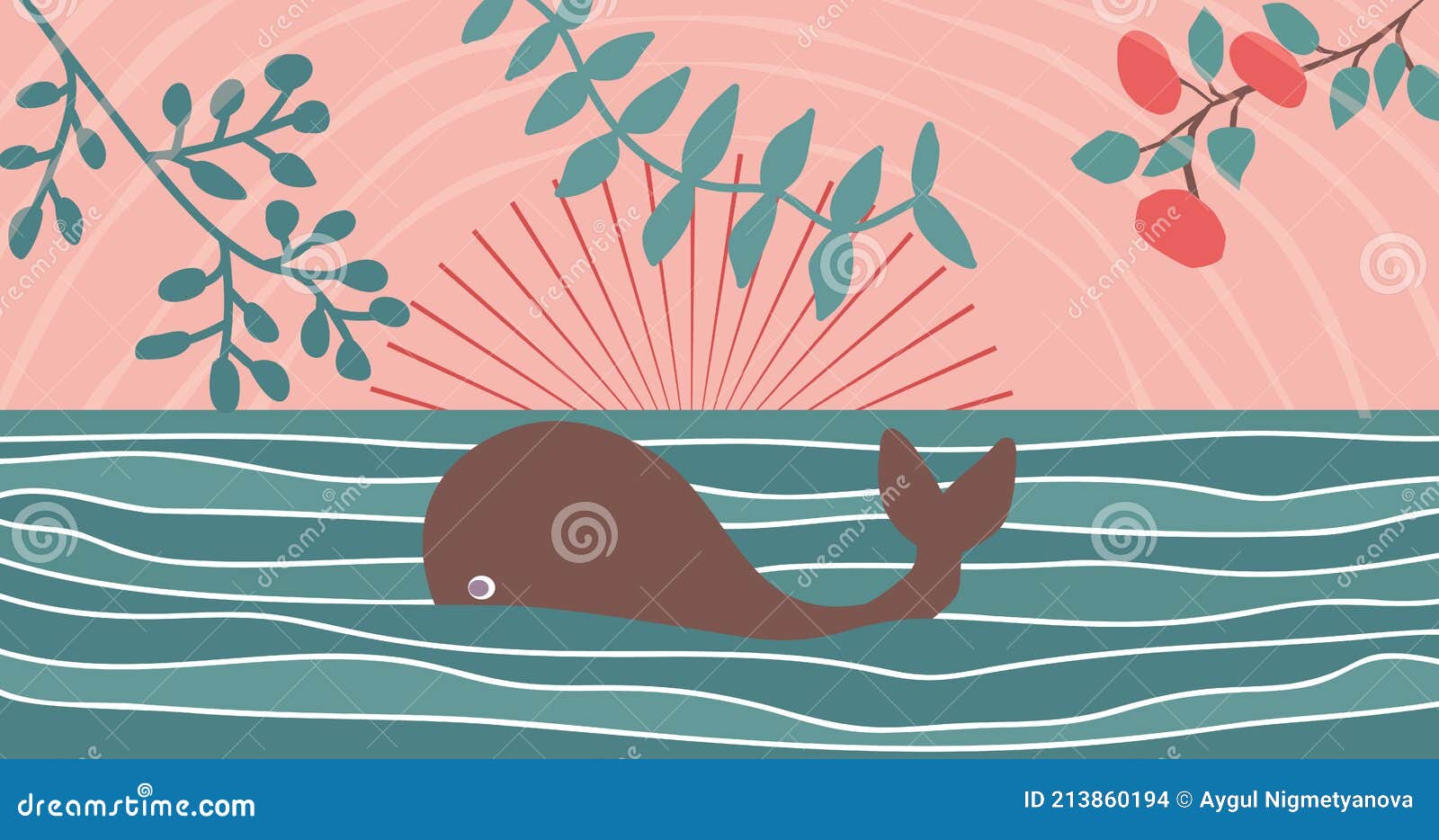 Whale in the Ocean in Sunrise Boho Style Illustration. Stock Vector ...
