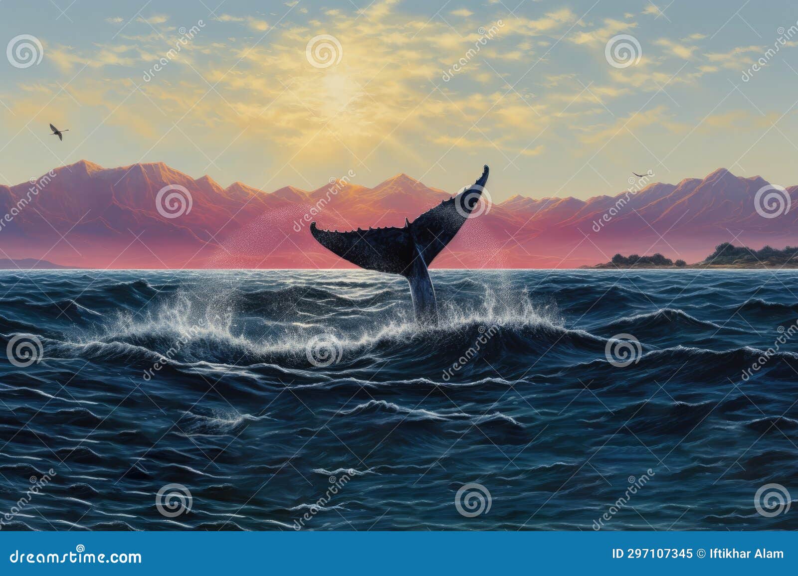 Whale in the Ocean at Sunset. 3D Render Illustration, Seascape with ...