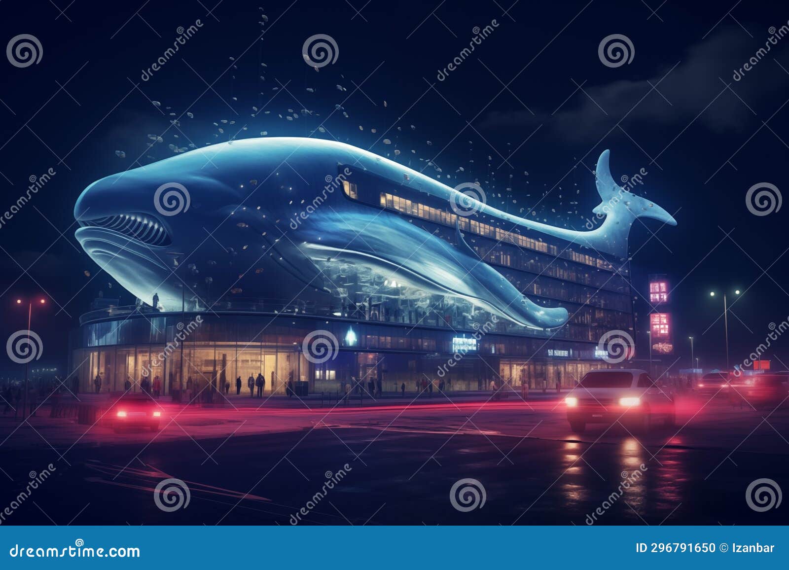 Whale Shape Illuminated Building at Night Illustration Stock ...