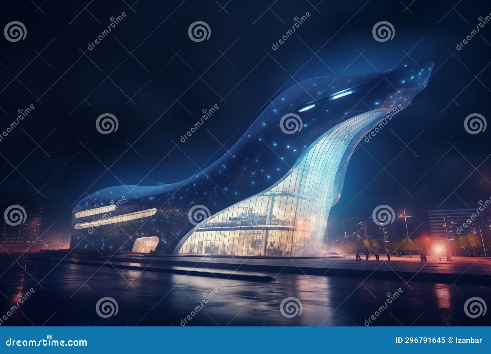 Whale Shark Shape Illuminated Building at Night Illustration Stock ...