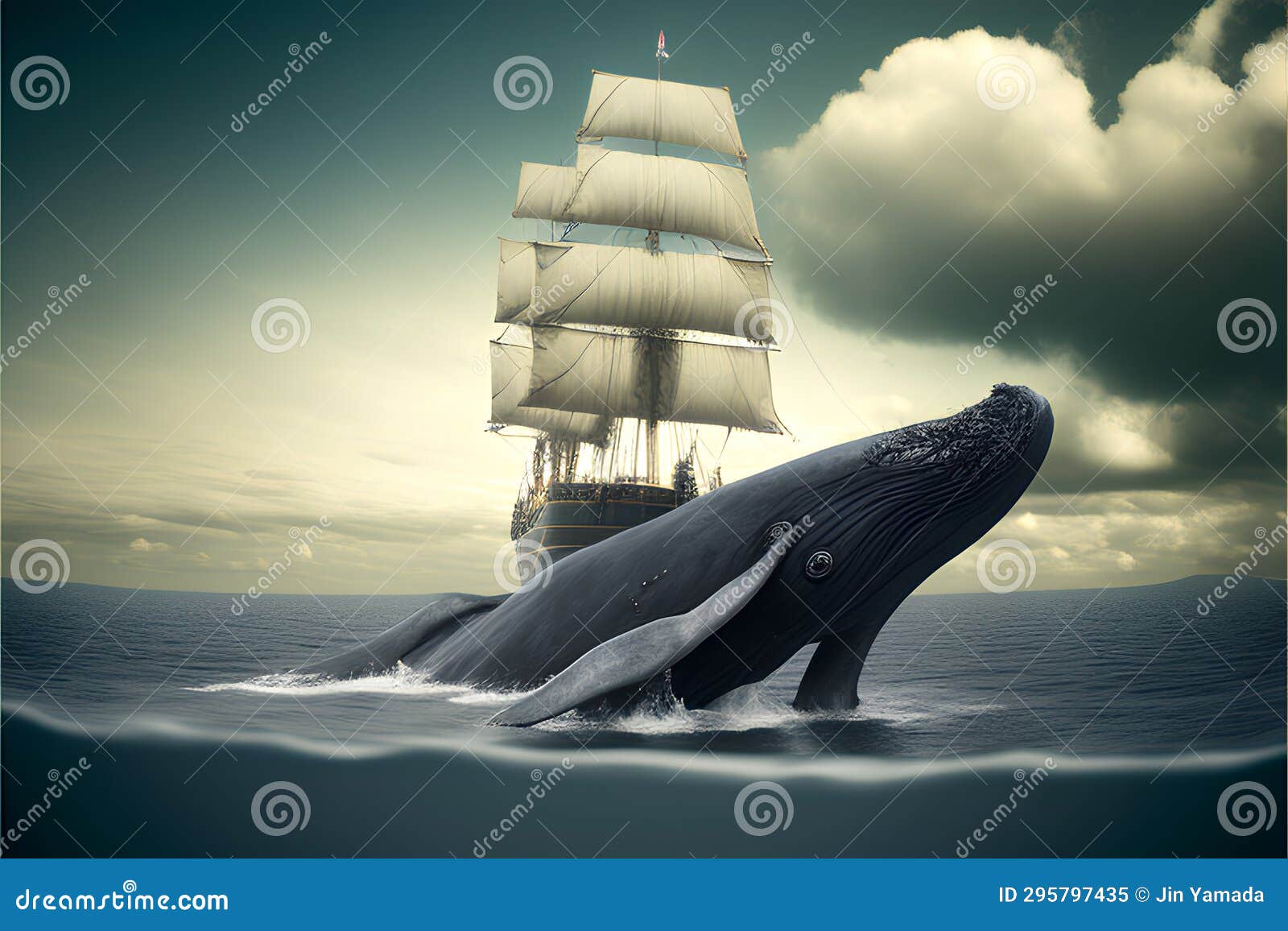 Whale and Ship in the Sea. 3D Render Illustration Stock Illustration ...