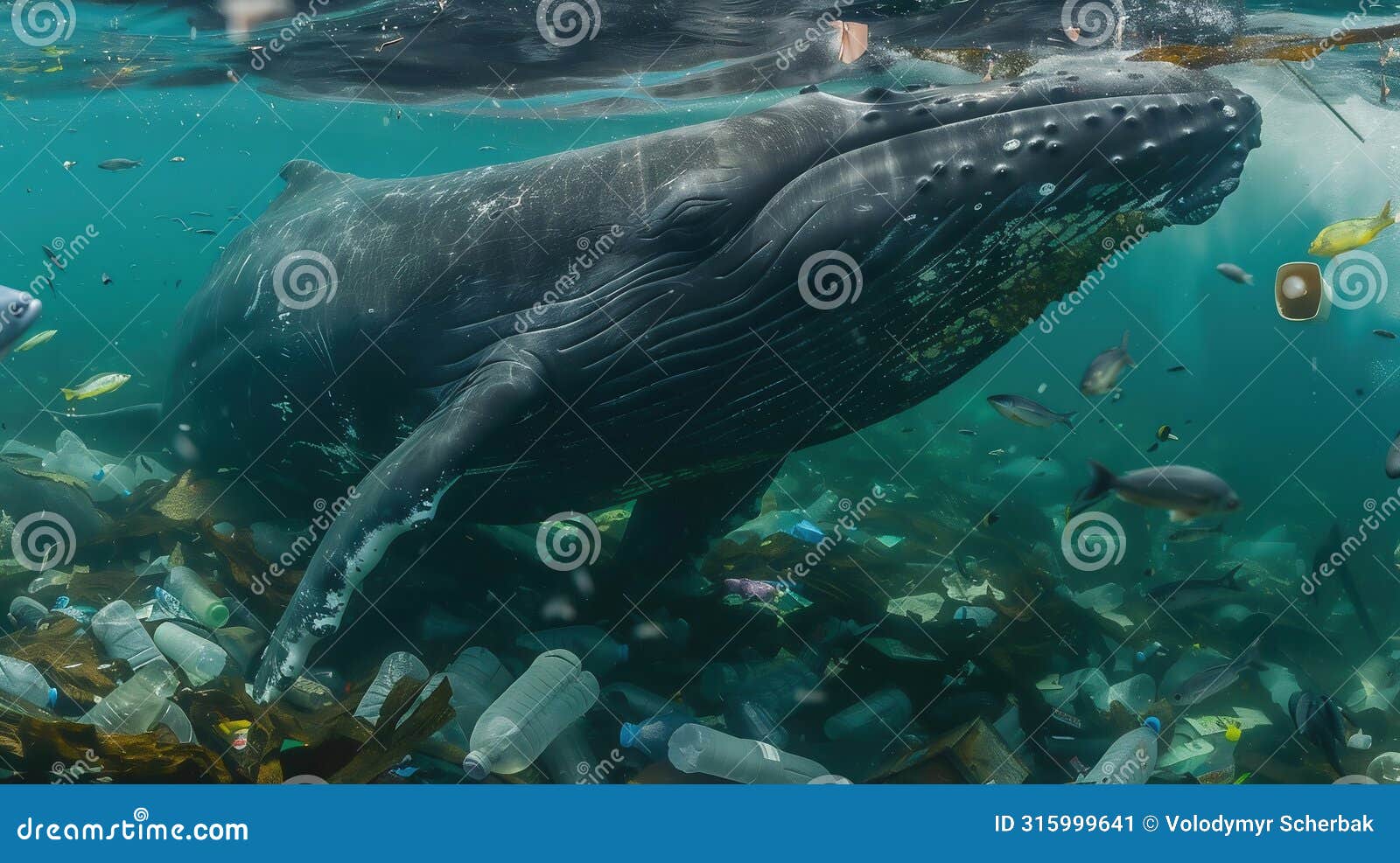 Whale Swims among Garbage. Environment Pollution Problem Stock Image ...
