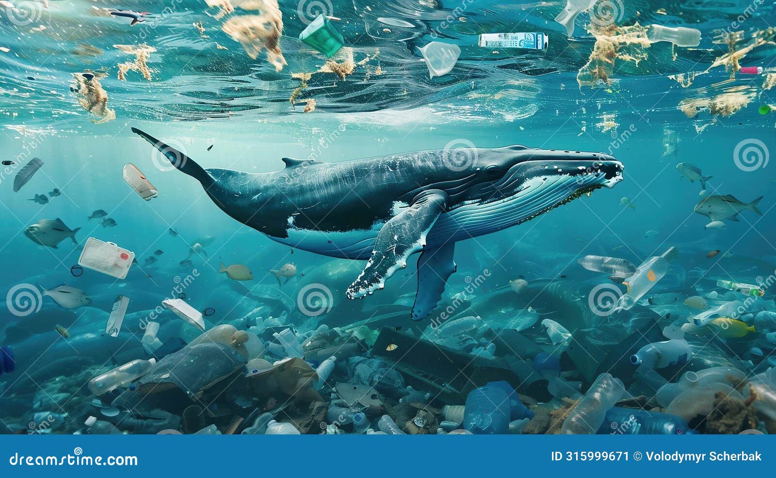 Whale Swims among Garbage. Environment Pollution Problem Stock Image ...