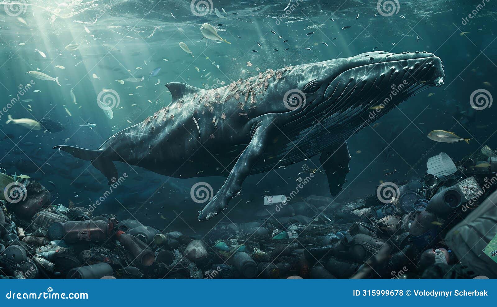 Whale Swims among Garbage. Environment Pollution Problem Stock Photo ...