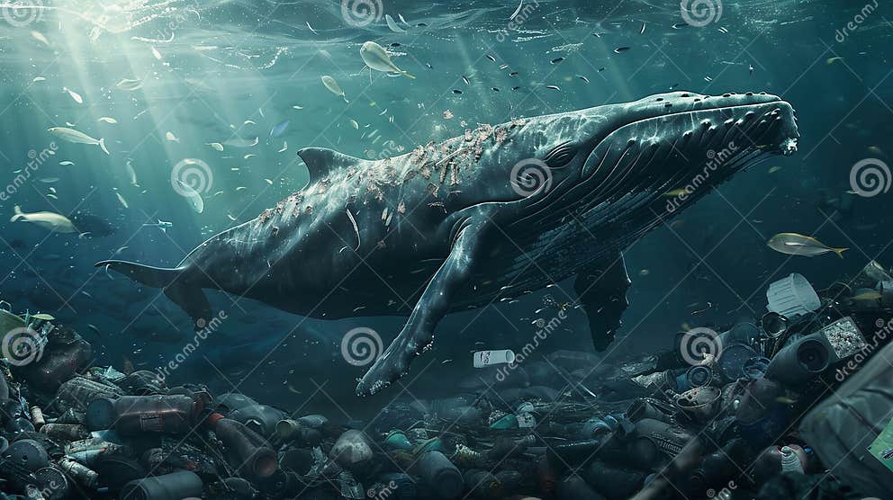 Whale Swims among Garbage. Environment Pollution Problem Stock Photo ...