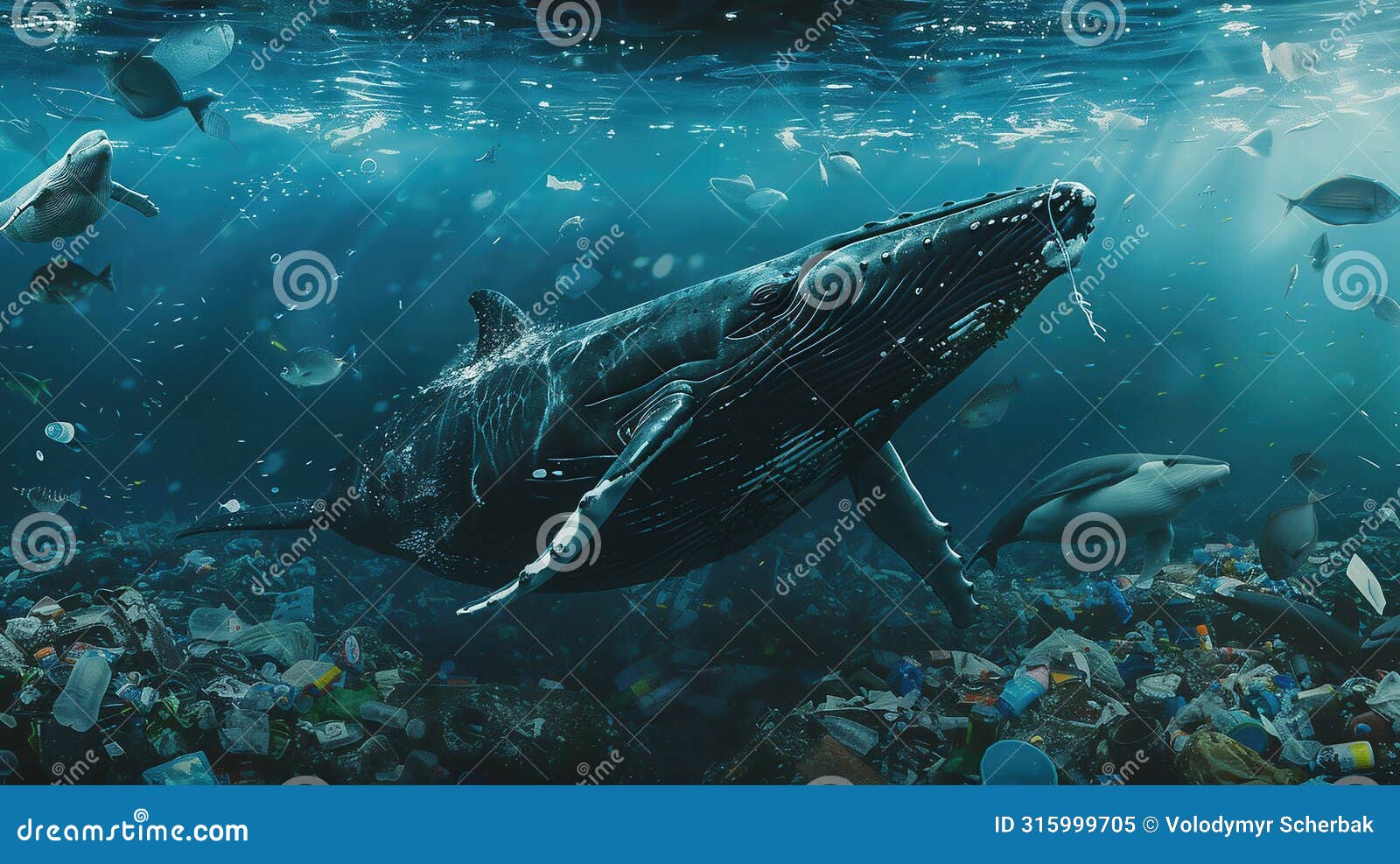 Whale Swims among Garbage. Environment Pollution Problem Stock Image ...