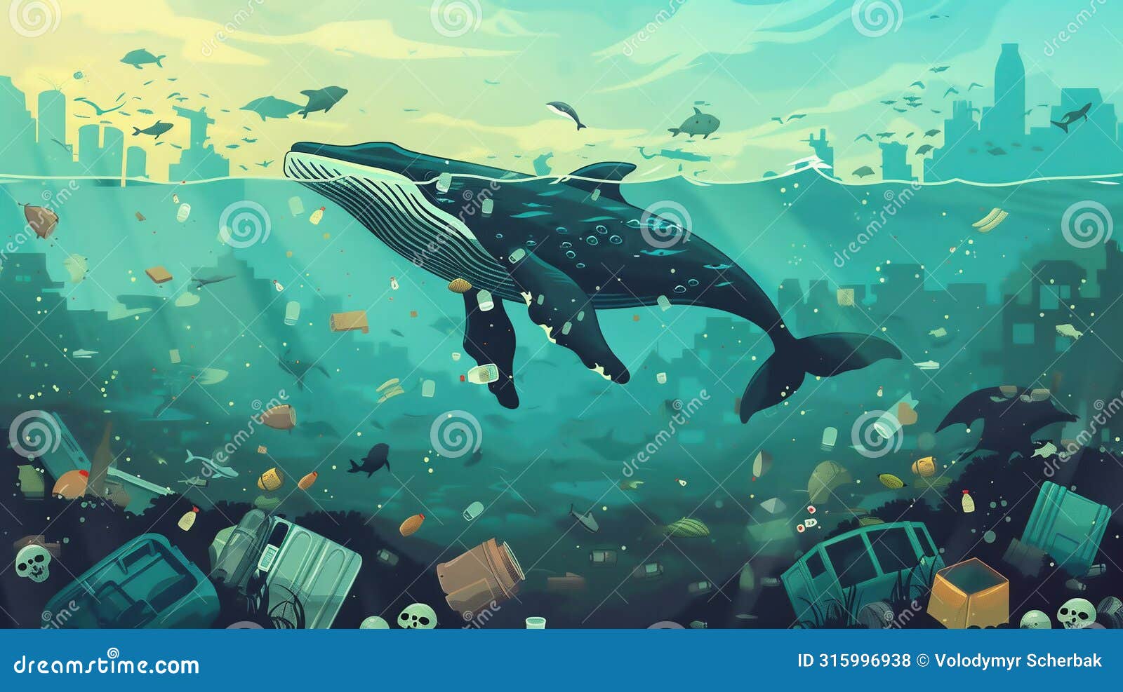 Whale Swims among Garbage. Environmental Pollution Stock Photo - Image ...