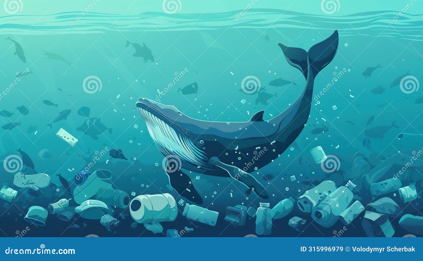 Whale Swims among Garbage. Environmental Pollution Stock Image - Image ...
