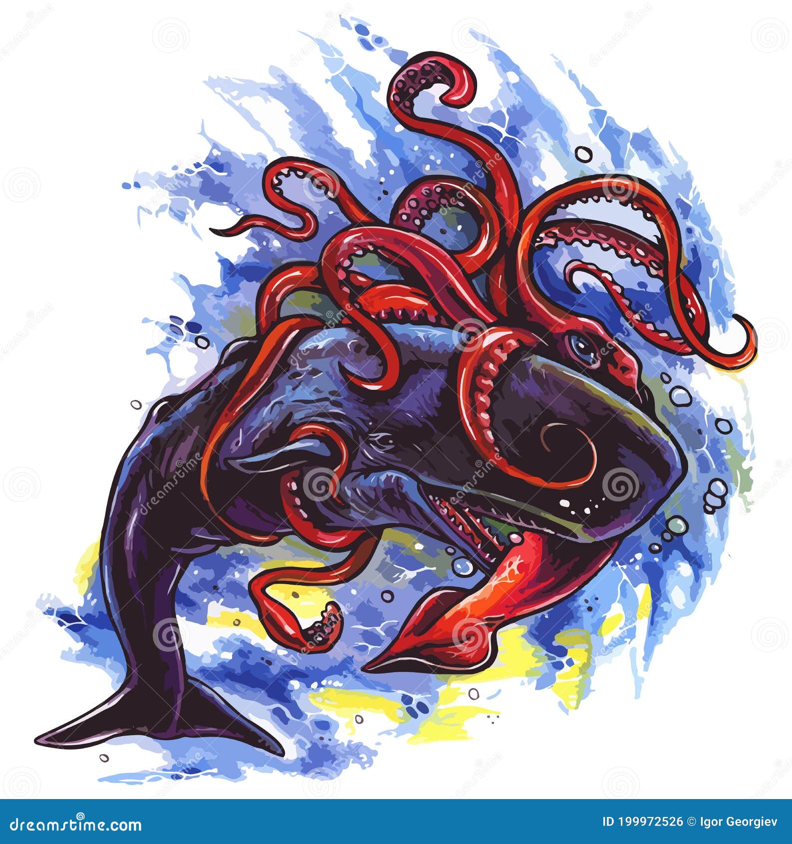 Whale Vs Octopus Tattoo Flash. Set of Labels and Elements. Vector Set ...