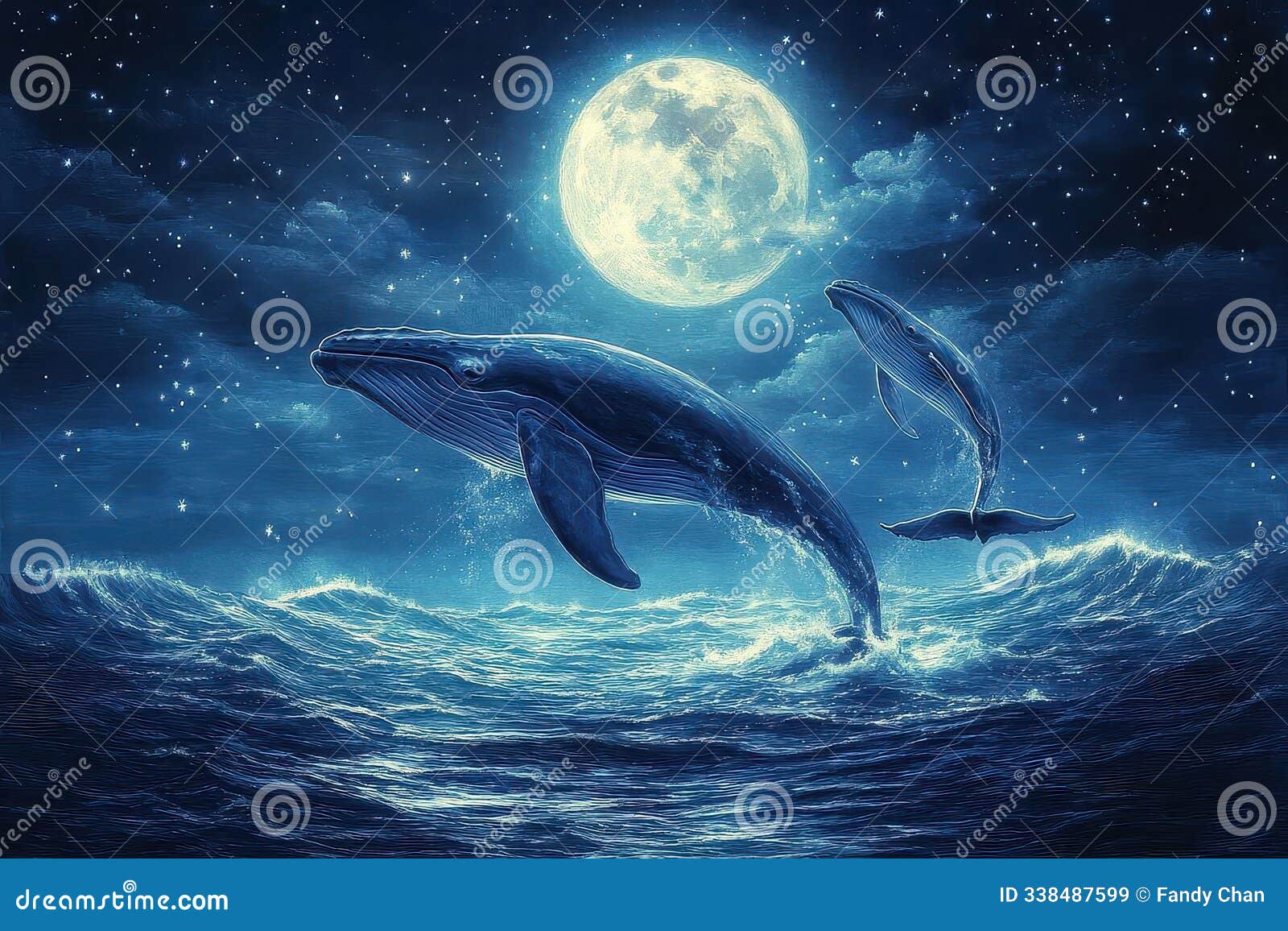 Whales Leap Under a Full Moon Stock Illustration - Illustration of whales, aquatic: 338487599