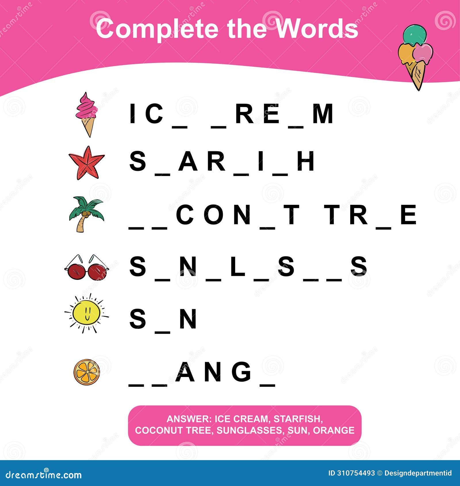 What Letters are Missing. Complete the Words Worksheet Stock Vector ...