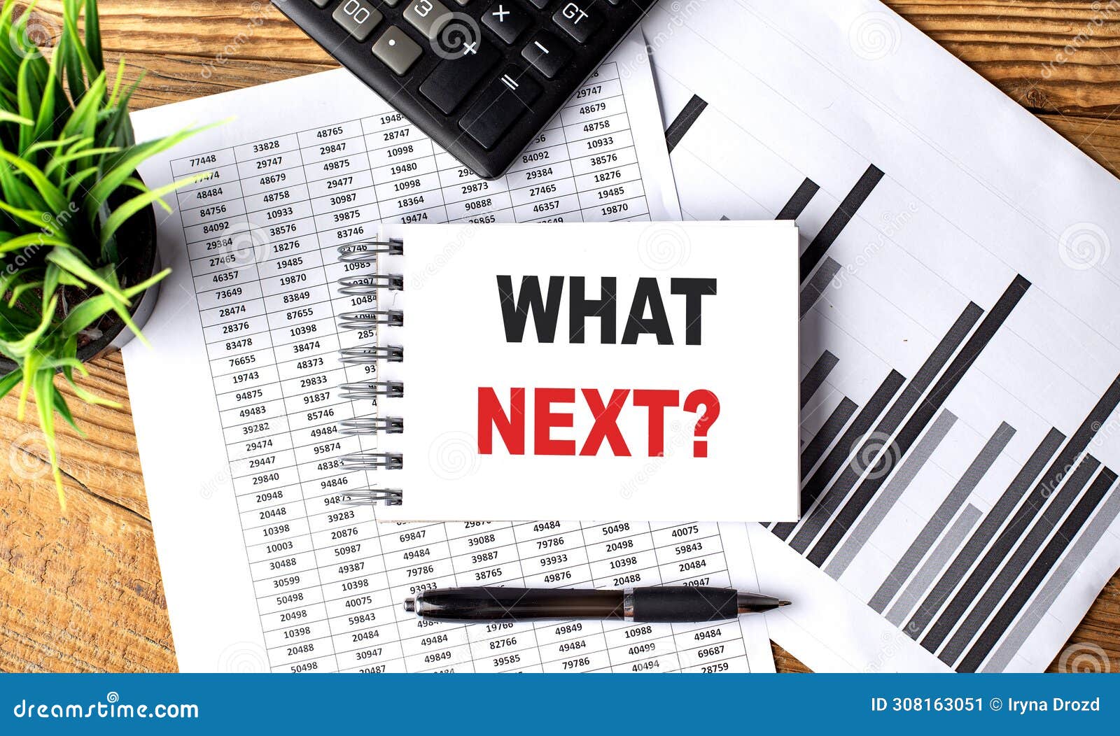 WHAT NEXT Text on a Notebook with Chart and Calculator Stock Image ...