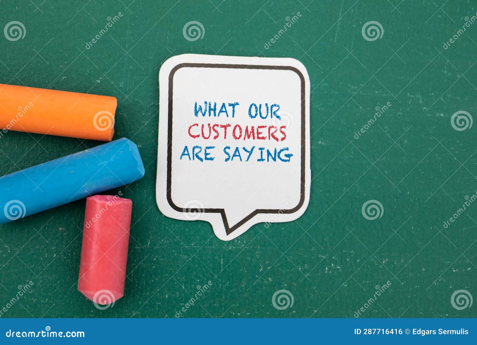 What Our Customers are Saying. Speech Bubble on a Green Board Stock ...