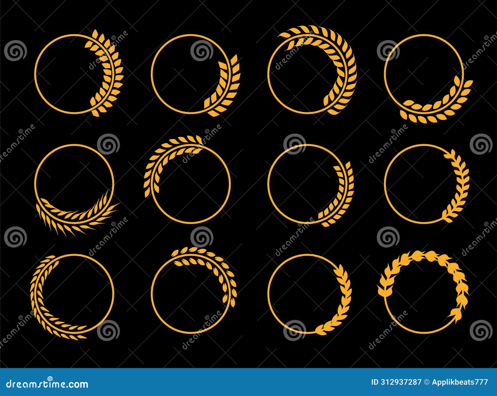 Wheat Circle Frame on a Black Background. Set of Floral Tree Frame ...