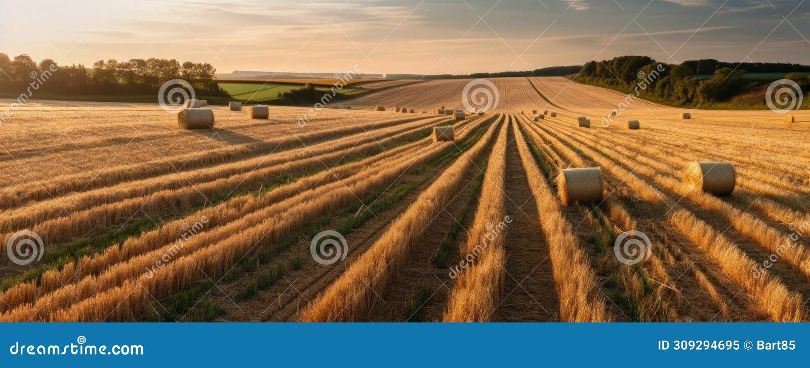 Wheat and Corn Fields at Sunset after Harvesting. Parallel Lines and ...