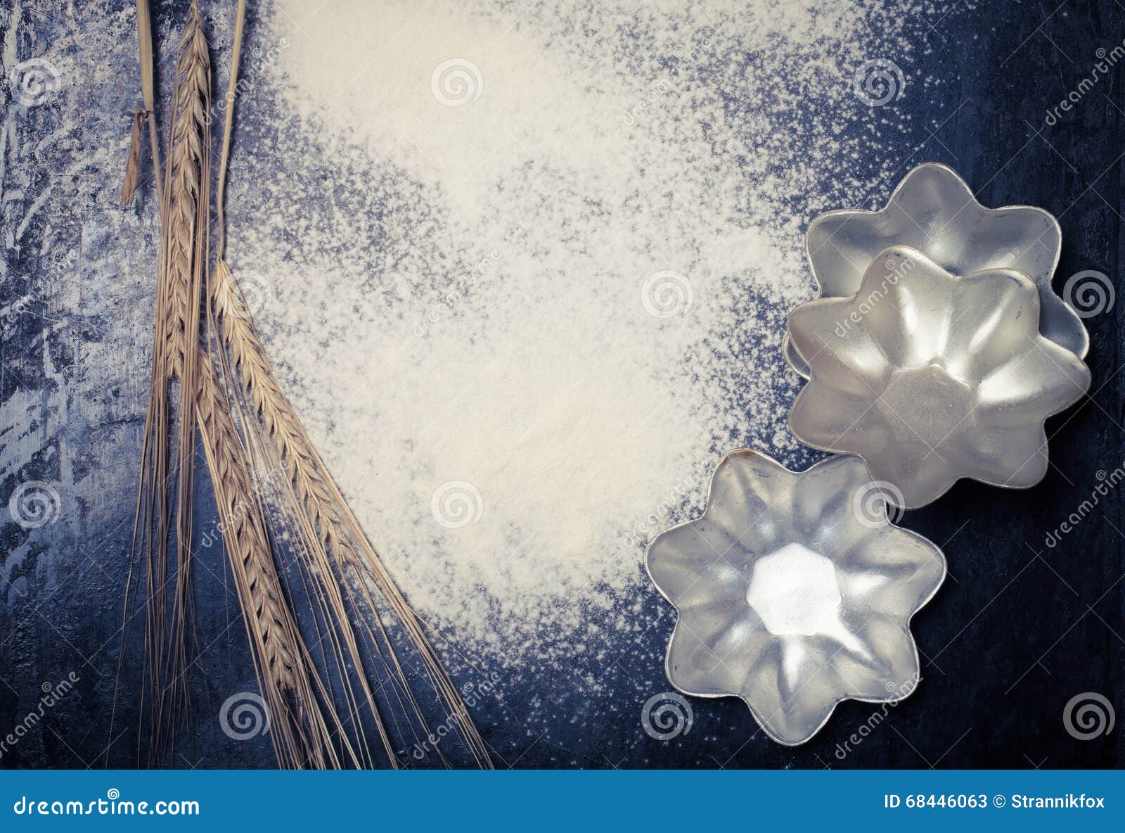 Wheat Ears, Baking Forms and Sprinkle Flour on Black Background. Stock ...