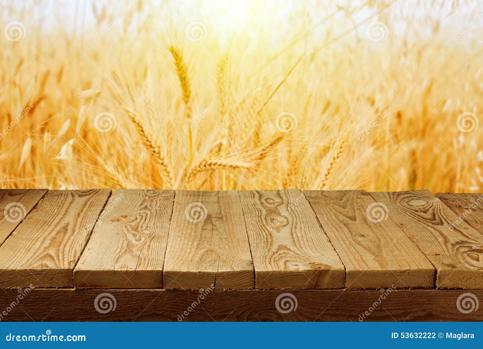 Wheat Field Background and Empty Wooden Deck Table Stock Photo - Image ...